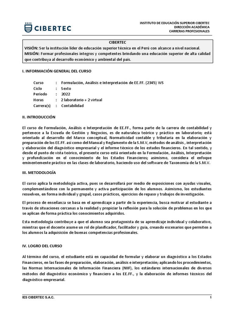 Sílabo 2022 06 Formulacion, Analisis e I de EEFF (2345) WS | PDF