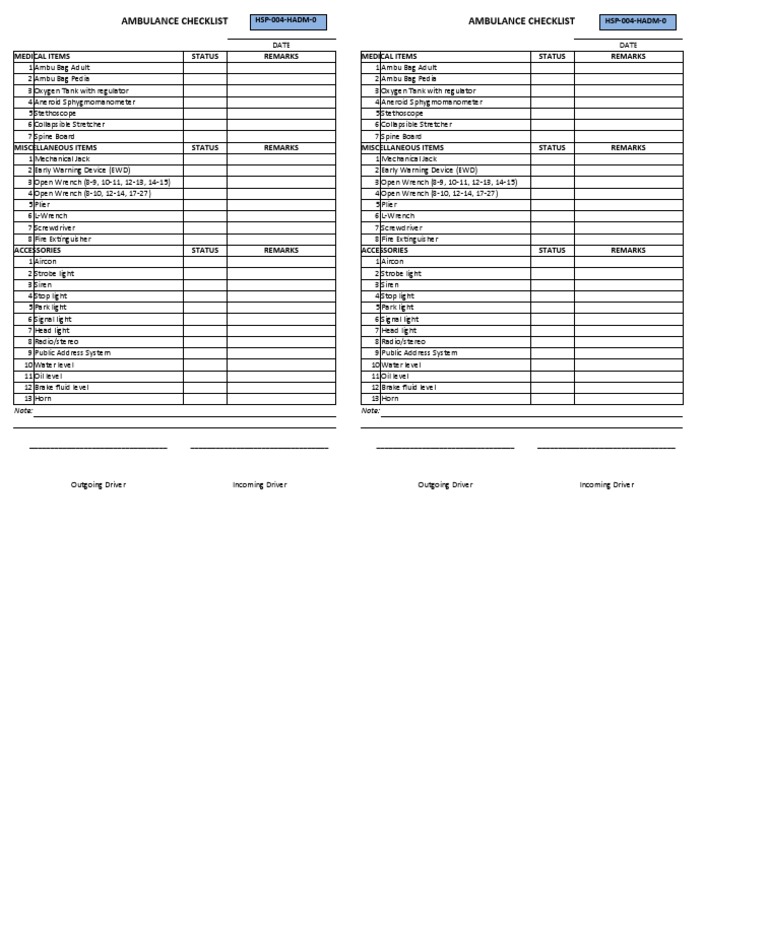 7.7 Ambulance Checklist | PDF | Safety | Manufactured Goods
