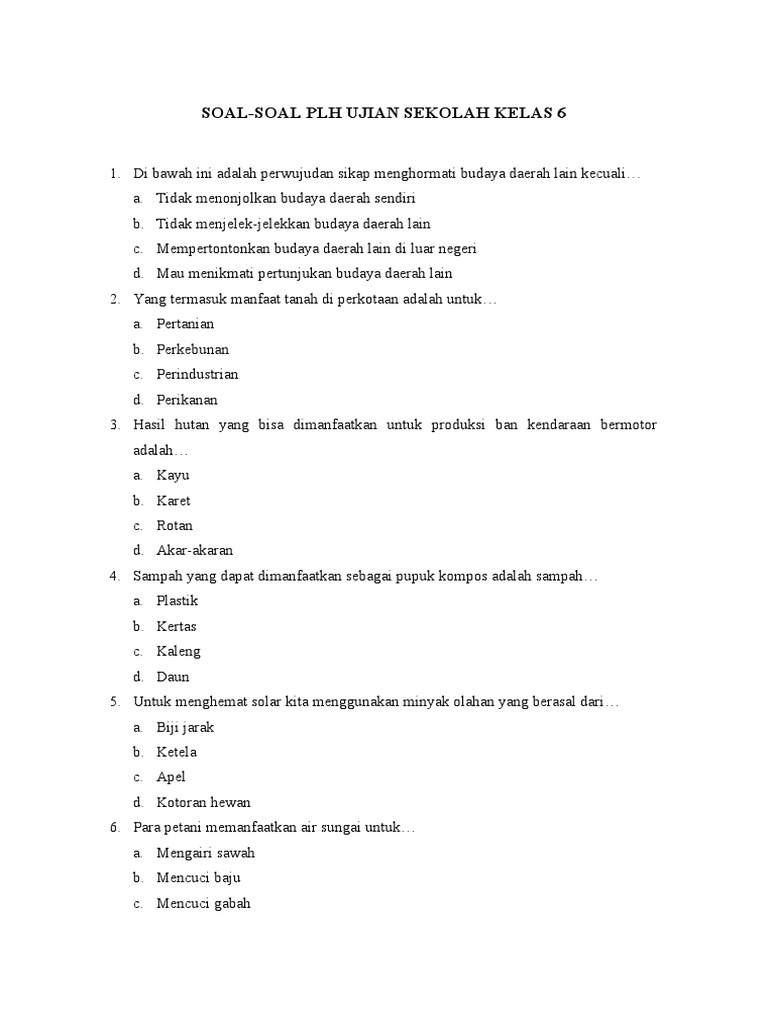 Soal Latihan Us PLH Kelas 6 | PDF