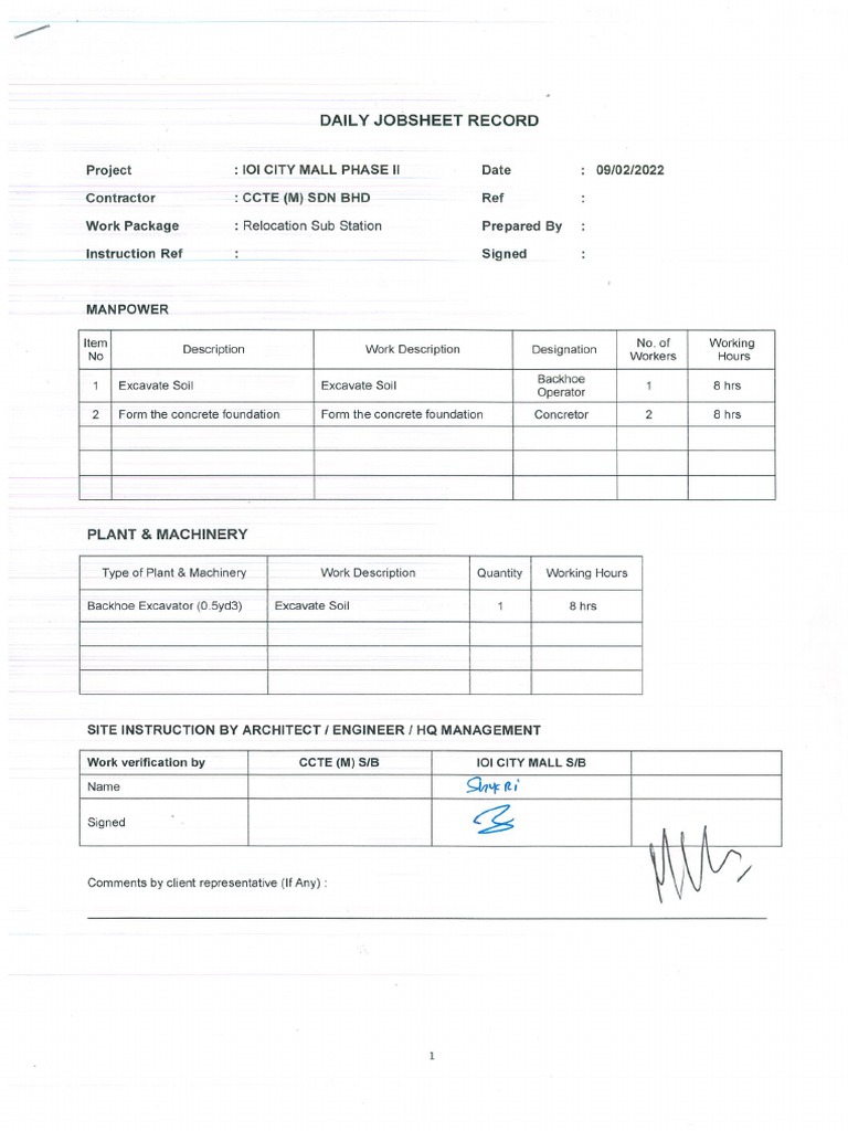 Daily Jobsheet Record - For TNB Relocation Rev 01) | PDF