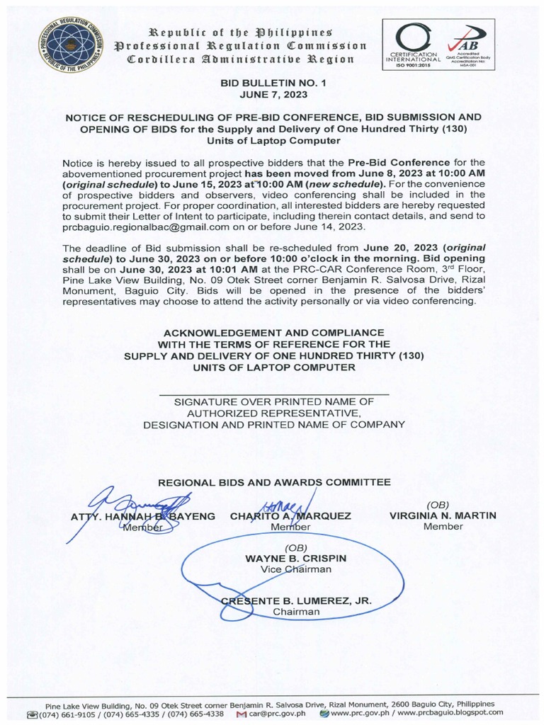 PRC-CAR Bid Bulletin No.1 June 7,2023 | PDF