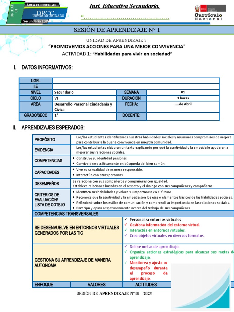 1º DPCC Ses 1 Uni 2 Sem 01 - 2023 | PDF | Aprendizaje | Evaluación