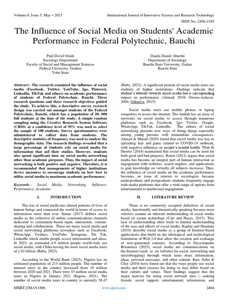 The Influence of Social Media On Students' Academic Performance in Federal Polytechnic, Bauchi ...