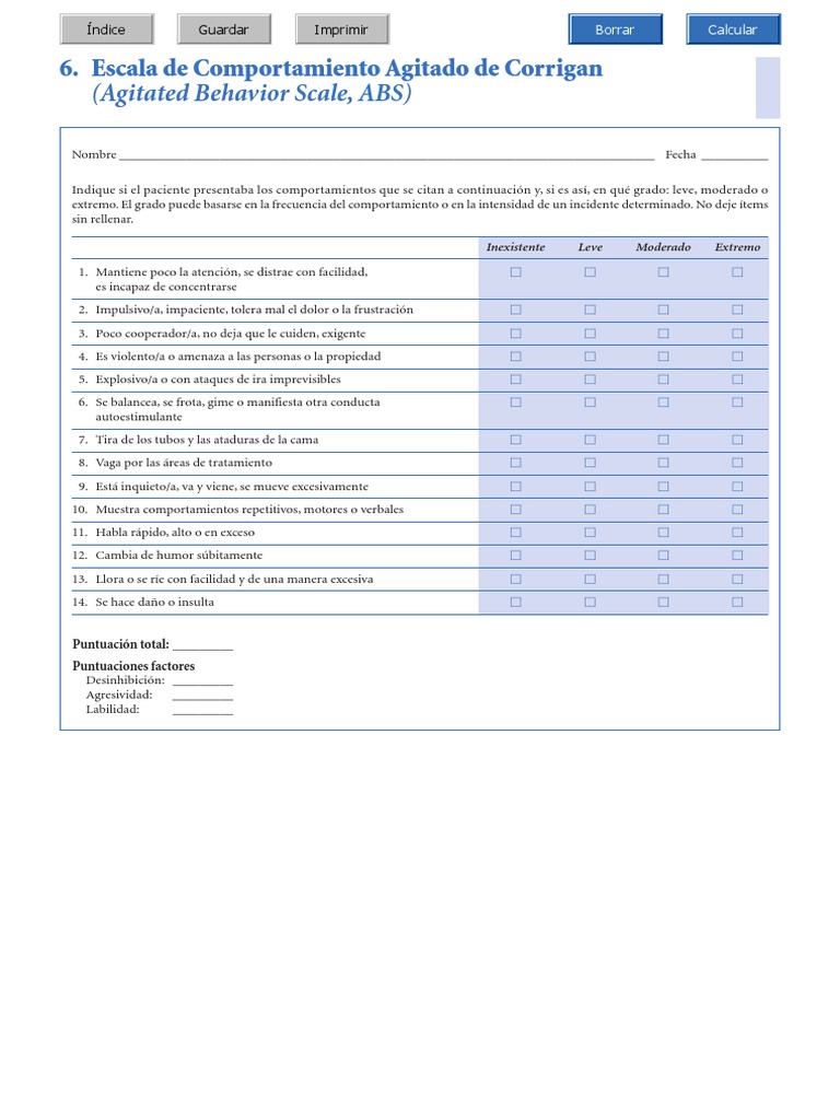 (Agitated Behavior Scale, ABS) : 6. Escala de Comportamiento Agitado de ...