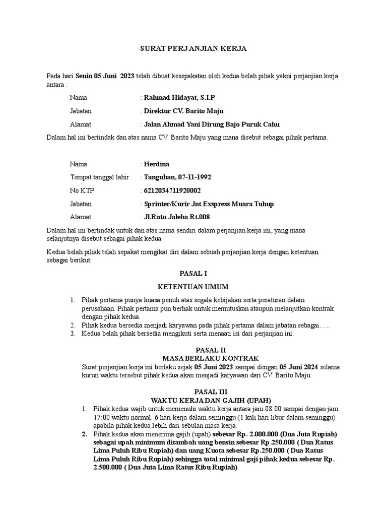 Surat Perjanjian Kerja | PDF