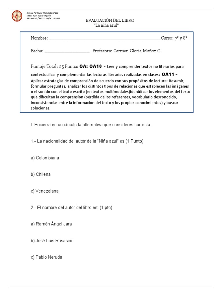 Evaluación Del Libro La Niña Azulready | PDF