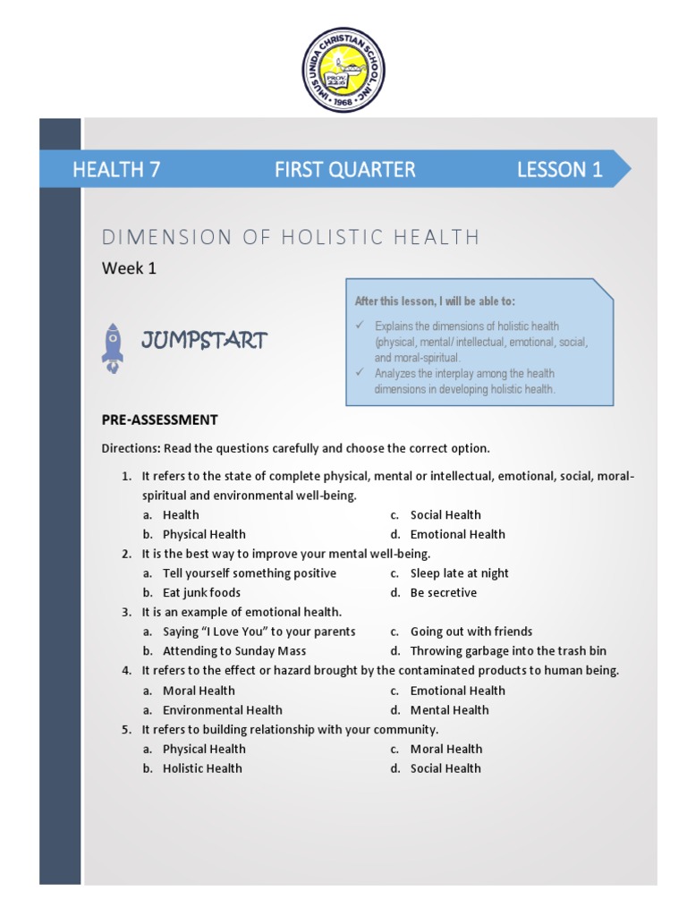 Health 7 - Lesson 1 - Dimensions of Holistic Health | PDF | Waste ...