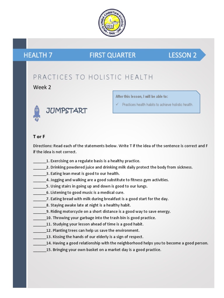 Health 7 - Lesson 2 - Practices of Holistic Health | PDF | Mental ...