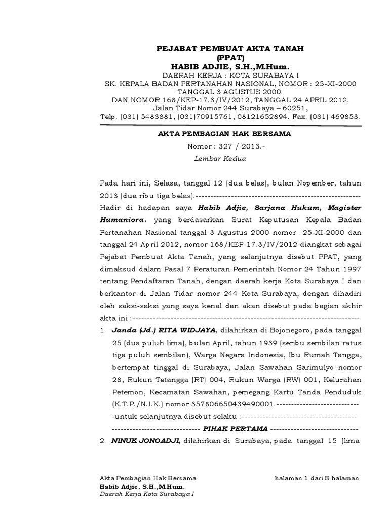 Contoh Akta Pembagian Hak Bersama | PDF