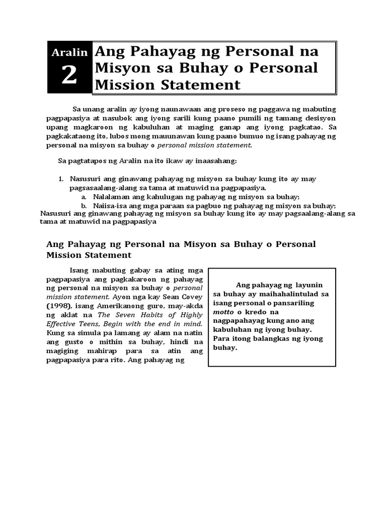 Q4esp7 Aralin 2 Personal Na Misyon Sa Buhay | PDF