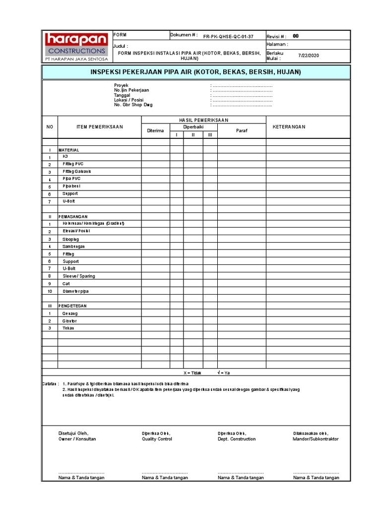 FR PK QHSE QC 01 37 Form Inspeksi Pipa Air Kotor, Bersih, Hujan | PDF