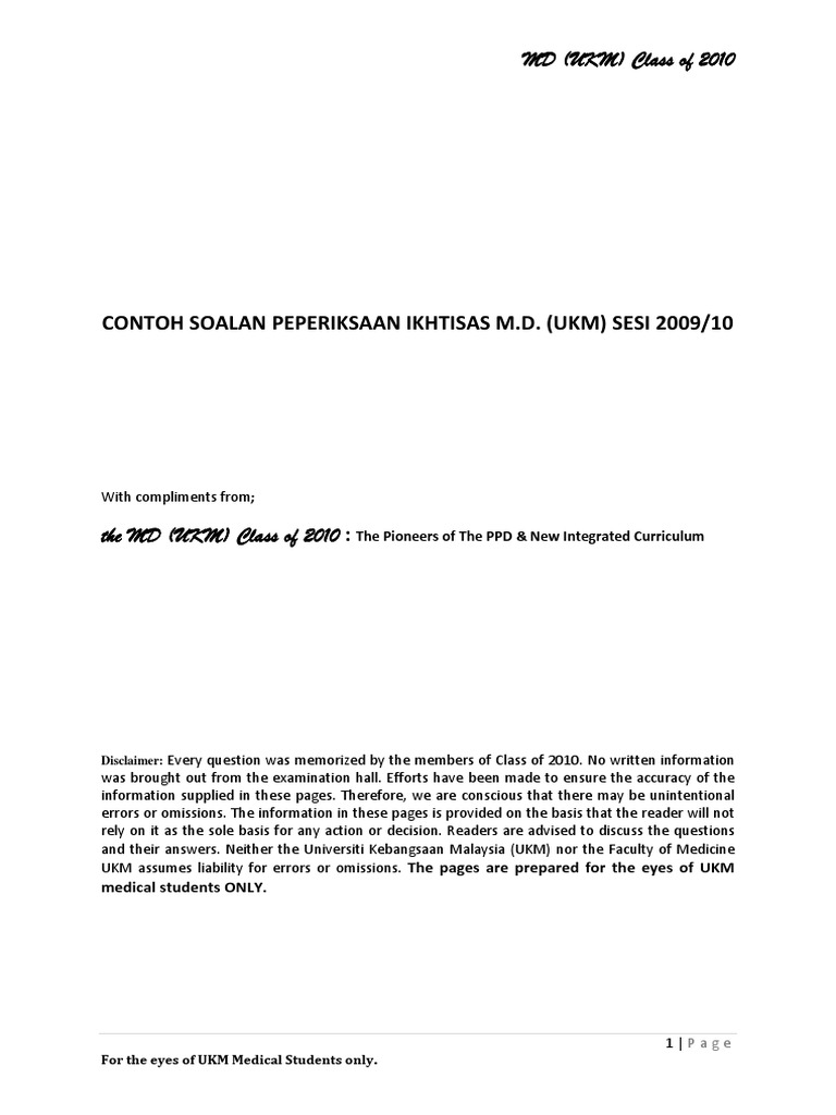 MD (UKM) Class of 2010: Contoh Soalan Peperiksaan Ikhtisas M.D. (Ukm ...
