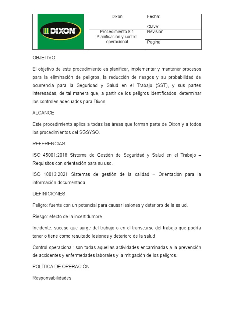 8.1 Planificación y Control Operacional | PDF | Planificación | Riesgo 8.1 Planificación y Control Operacional | PDF | Planificación | Riesgo