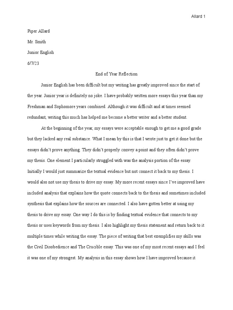 Junior English Year-End Reflection | PDF | Language Arts & Discipline