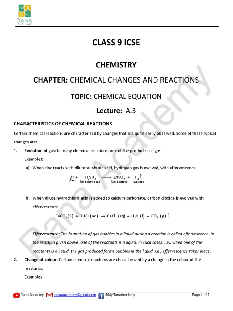 CLASS 9 ICSE - CHEMICAL CHANGES AND REACTIONS- PART A - LECTURE A.3 | PDF