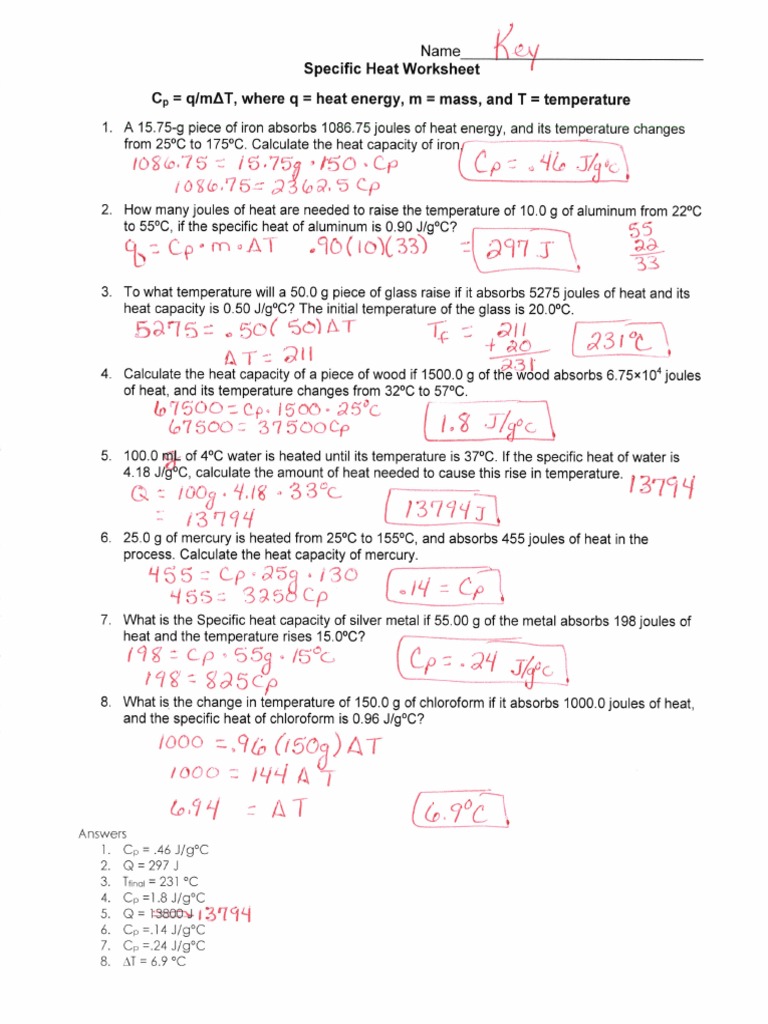 Specific Heat Problems Answer Key | PDF