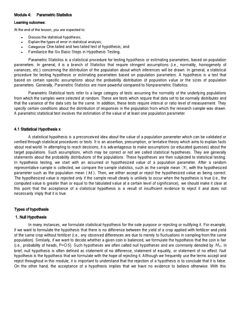 Module 4 Parametric vs Non Parametric Test | PDF | Type I And Type Ii ...
