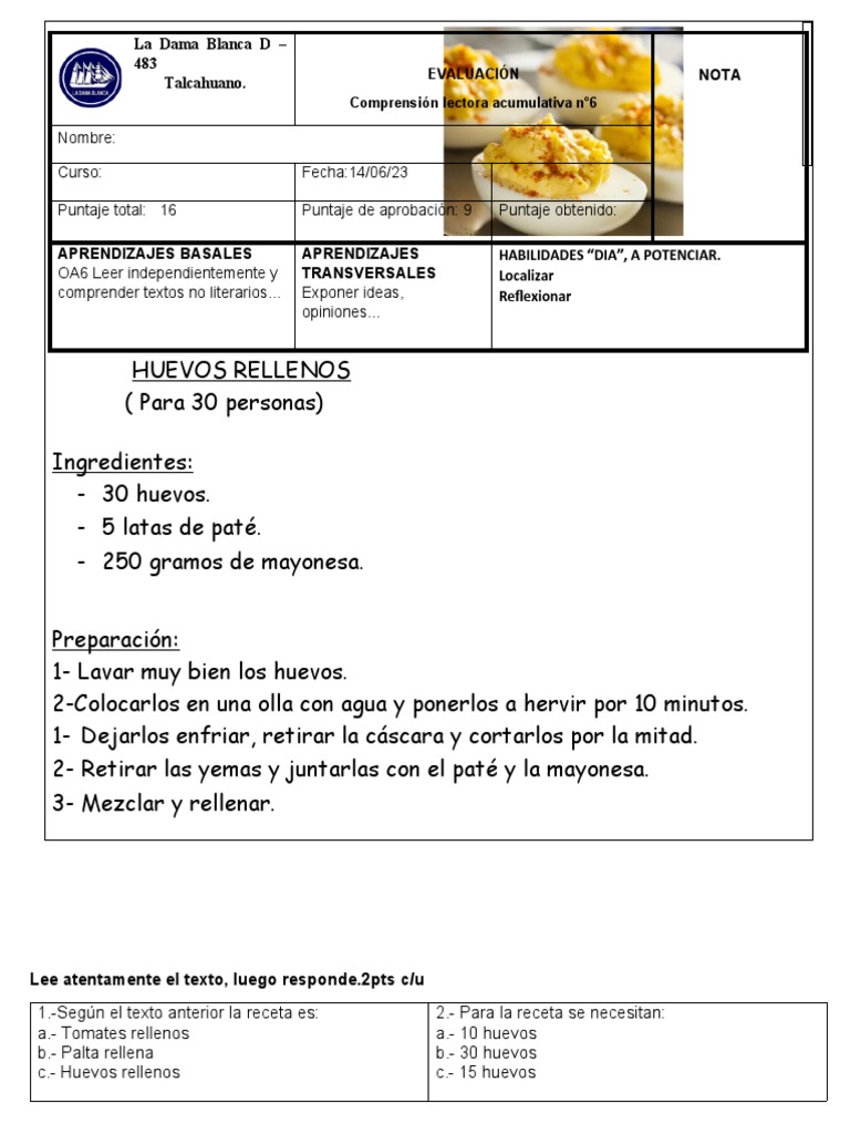 Receta y Evaluación de Huevos Rellenos | PDF