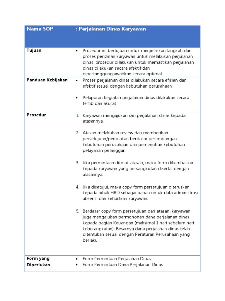20 SOP Perjalanan Dinas Karyawan | PDF