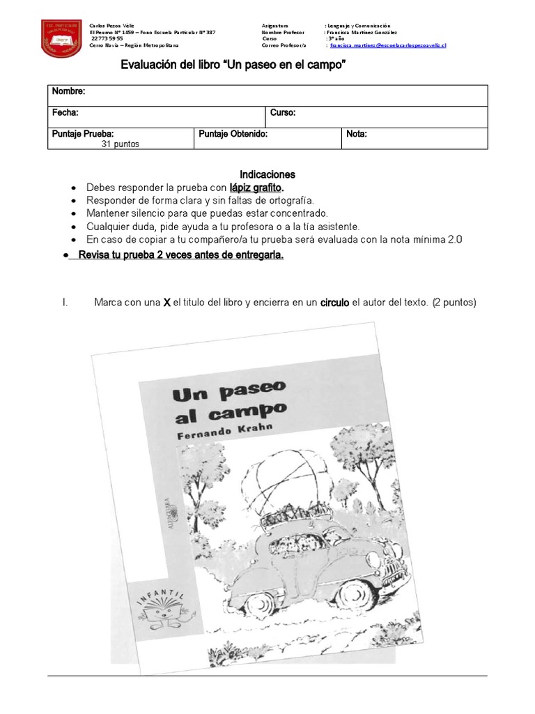 Evaluacion Libro Un Paseo en El Campo | PDF