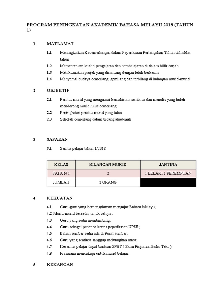 Program Peningkatan AKADEMIK 2018 BM Y1 | PDF