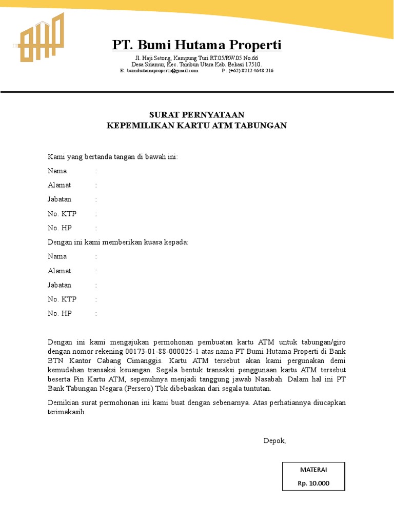 Surat Pernyataan Kepemilikan Kartu Atm Tabungan | PDF