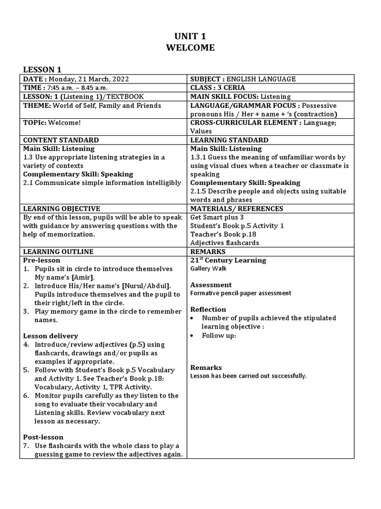 LP Year 3 2019 - Unit 1 | PDF | Teachers | Vocabulary
