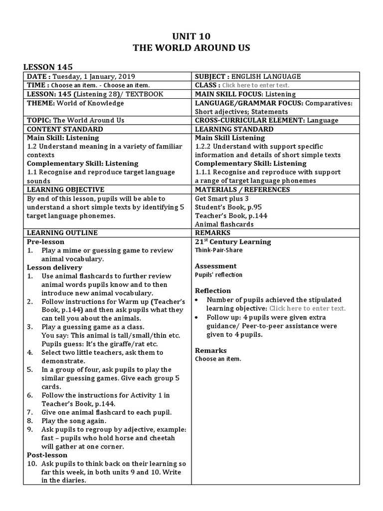 LP Year 3 2019 - Unit 10 | PDF | Teachers | English Language