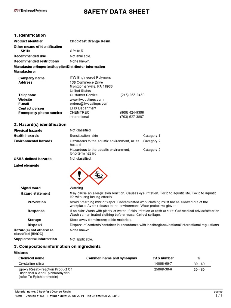 MSDS Chockfast Orange Resin | PDF | Dangerous Goods | Waste