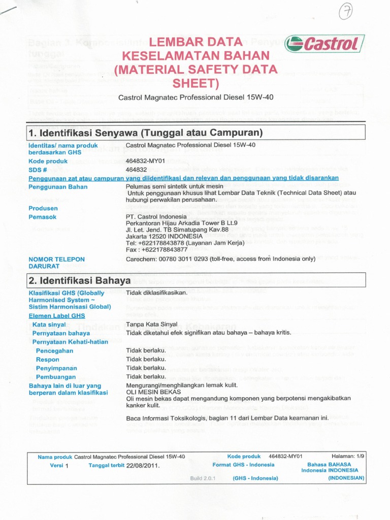 MSDS Oli Di Lingkungan Kerja | PDF