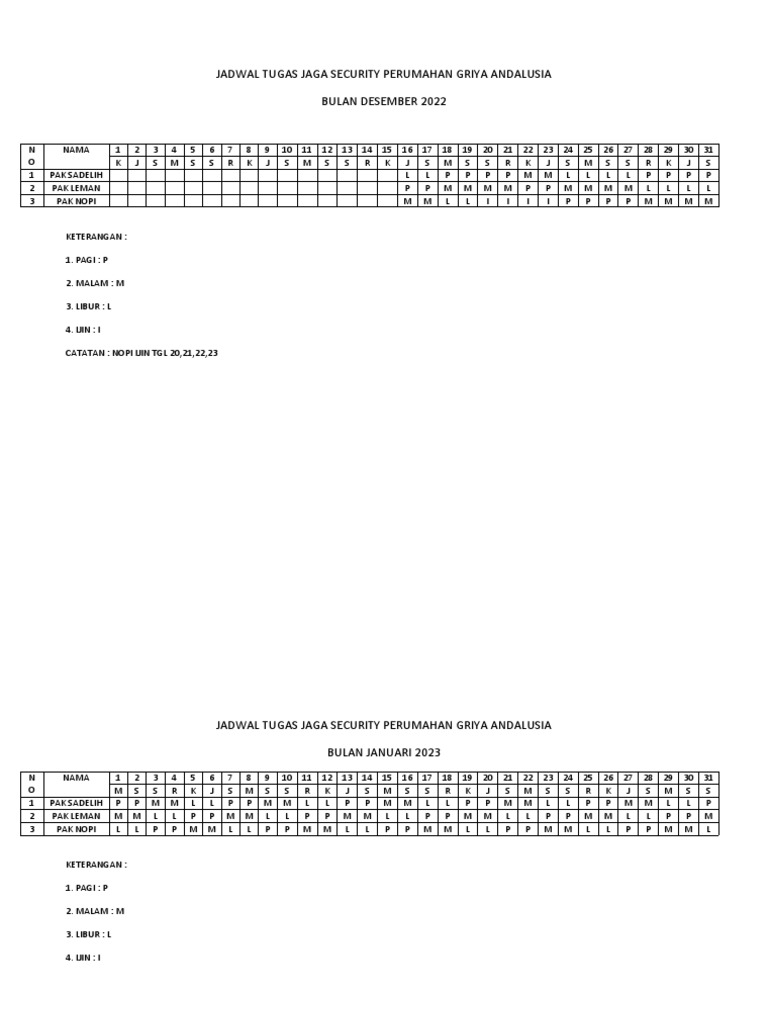 Jadwal Tugas Jaga Security Perumahan Griya Andalusia | PDF