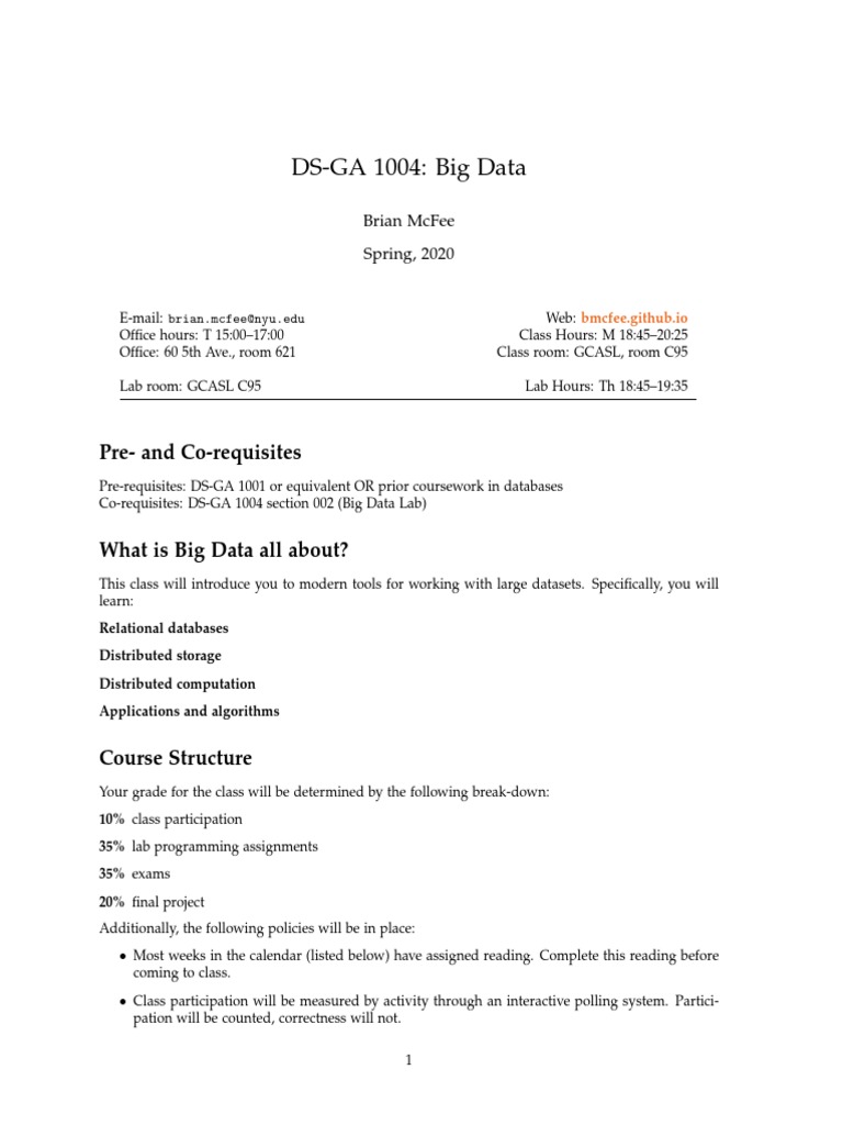Spring 2020 DS-GA 1004 Syllabus | PDF | Map Reduce | Apache Spark