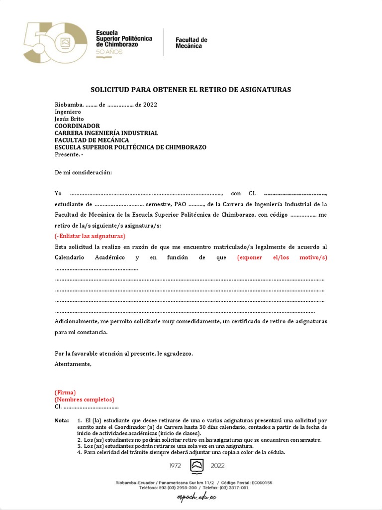 4 Solicitud para Obtener El Retiro de Asignaturas | PDF