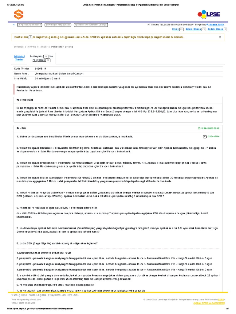 LPSE Kementrian Perhubungan - Penjelasan Lelang, Pengadaan Aplikasi Sistem Smart Campus | PDF