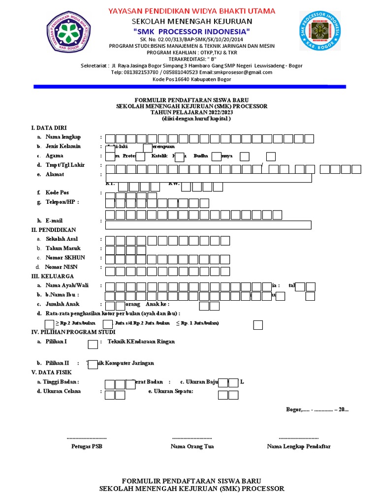 Formulir Pendaftaran Siswa Baru SMK Processor A4 | PDF