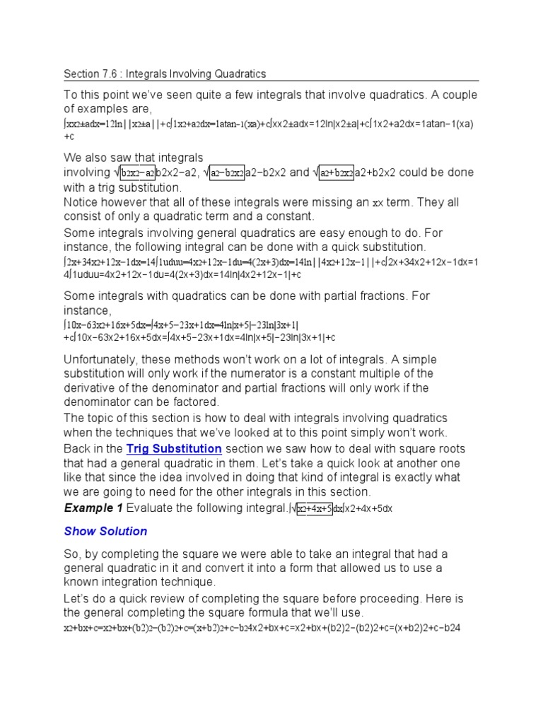 Integrals Involving Quadratics | PDF | Quadratic Equation | Arithmetic