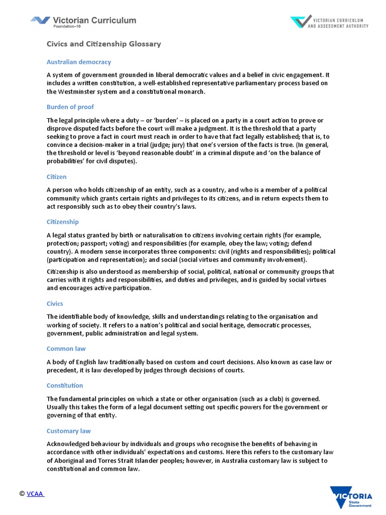 Civics and Citizenship Glossary | PDF | Social Science