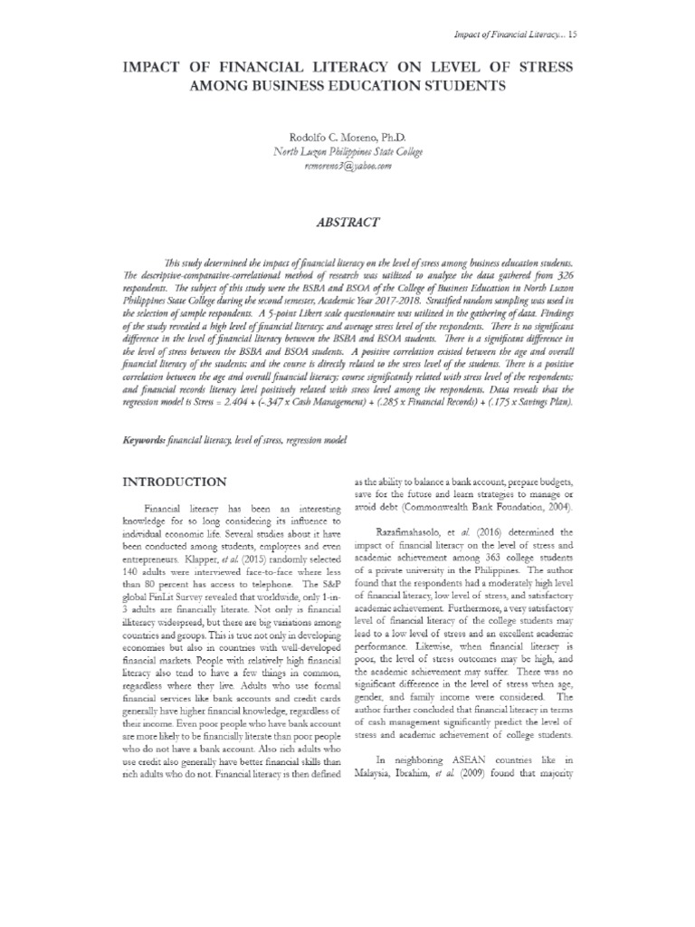 Philippine Ejournals - Impact of Financial Literacy On Level of Stress Among Business Education ...