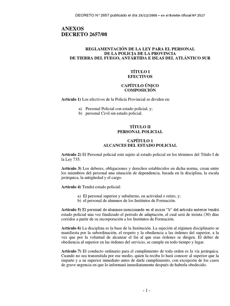 Decrero #2657-08 Reglametario Ley 735 | PDF | Policía | Disciplinas