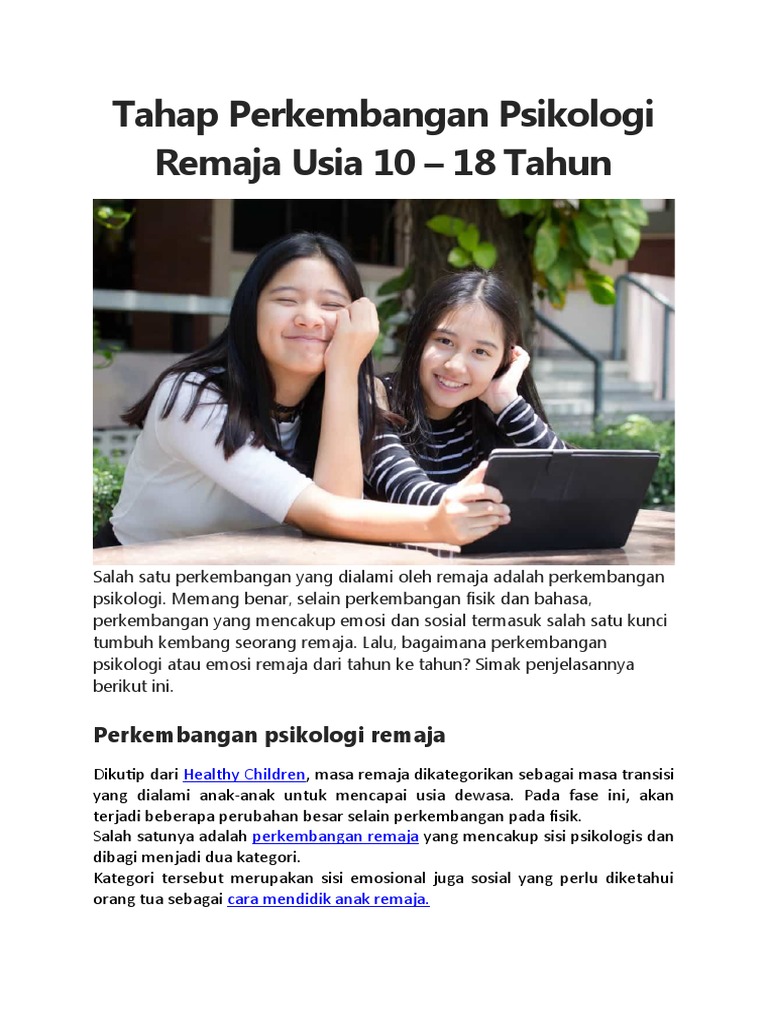 Tahap Perkembangan Psikologi Remaja Usia 10 | PDF