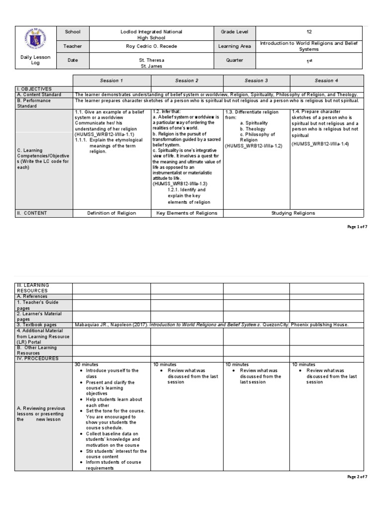 Grade 12 World Religions Lesson Plan | PDF | Self-Improvement ...
