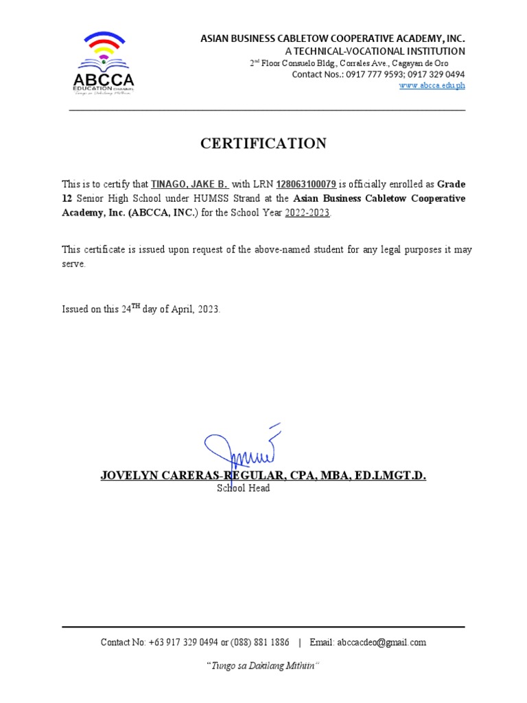 Certification: Asian Business Cabletow Cooperative Academy, Inc | PDF