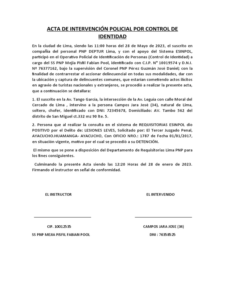 Acta de Intervención Policial Por Control de Identidad | PDF