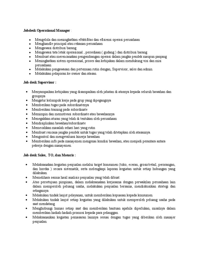 Contoh Jobdesk Karyawan Perusahaan | PDF