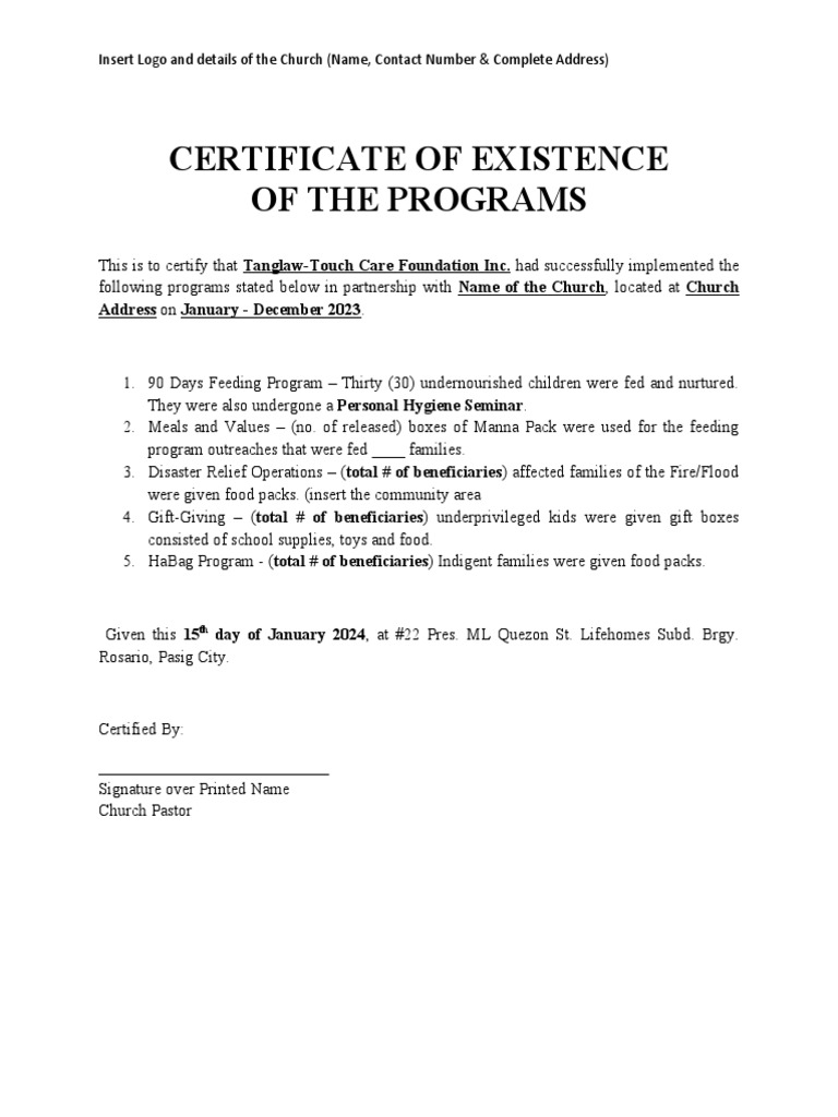 Certificate of Existence for Programs 2023 | PDF
