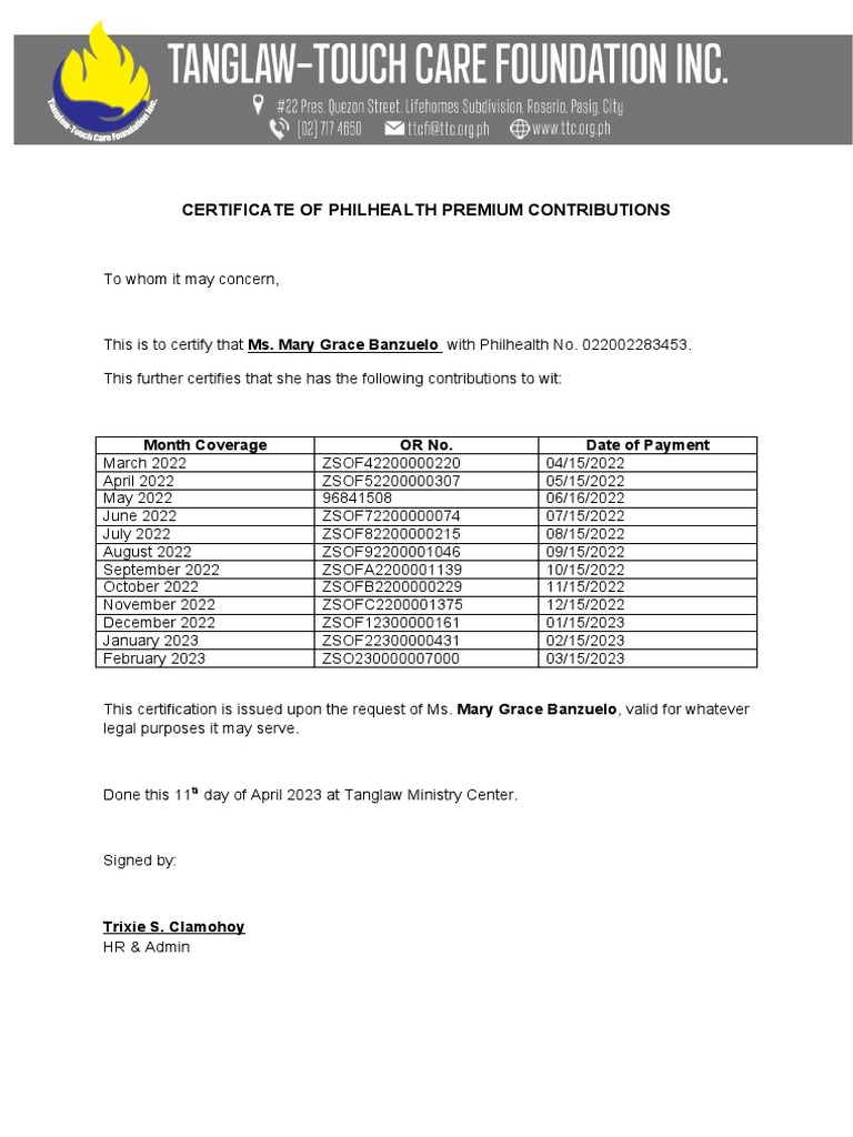 Certificate of Philhealth Premium Contributions | PDF