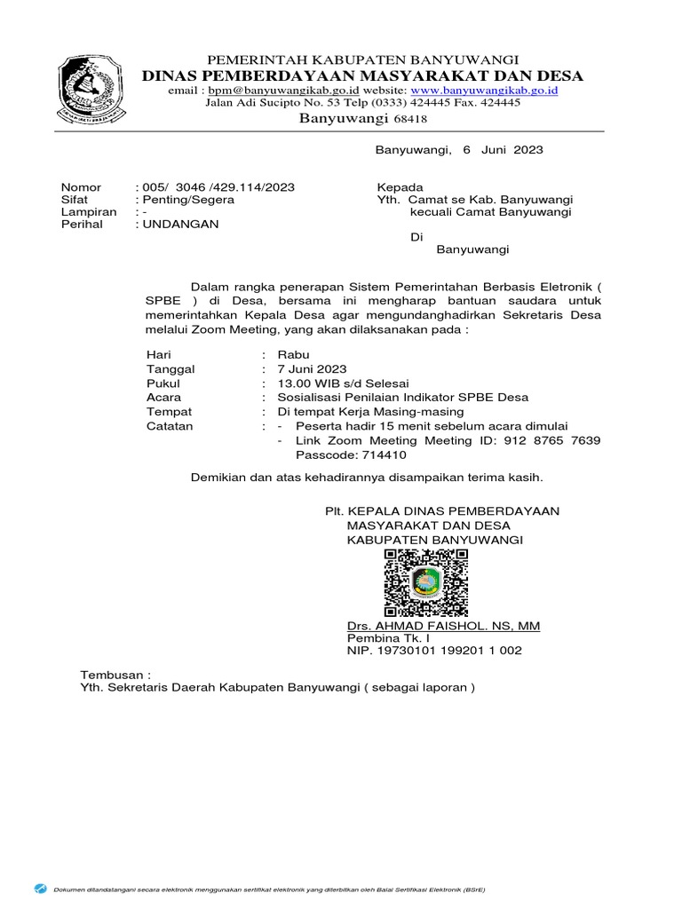 Surat Undangan Sosialisasi SPBE Desa Zoom Meeting | PDF Surat Undangan Sosialisasi SPBE Desa Zoom Meeting | PDF