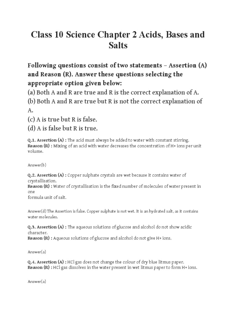 MCQs on Acids, Bases, and Salts Class 10 | PDF | Acid | Ph