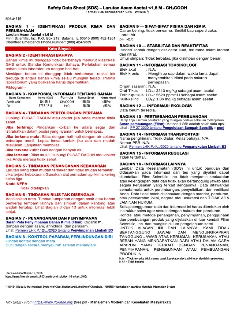 SDS - Larutan Asam Asetat -1,6 M - CH3COOH | PDF