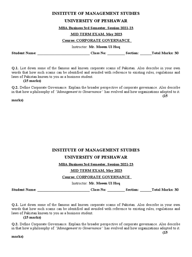 Corporate Governance MBA Businees Group 2023 Final Term Paper | PDF ...